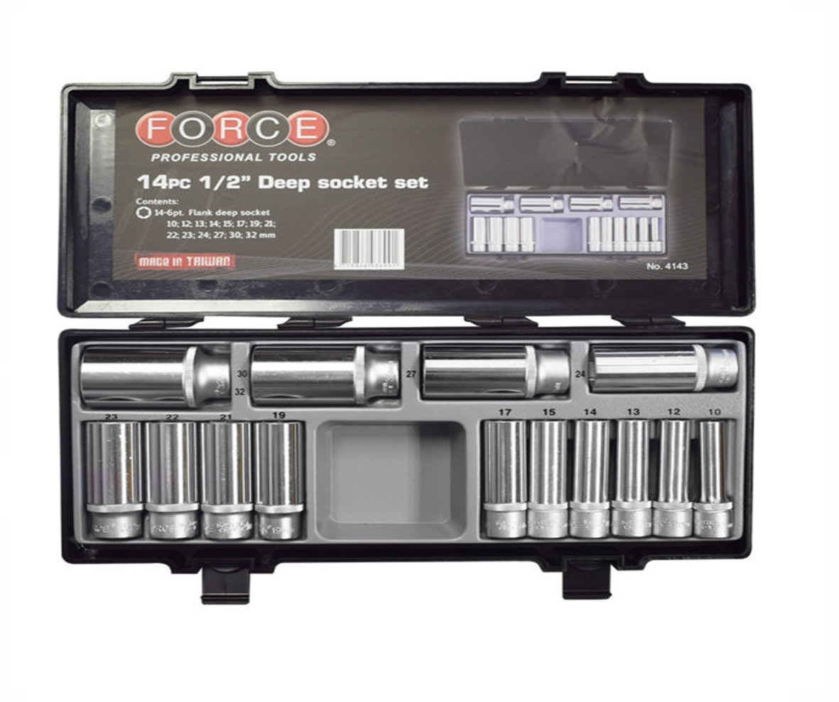 Force - 1/2" Dr 14 Piece Chrome Socket Set 10-32mm Deep - ORM Wholesale